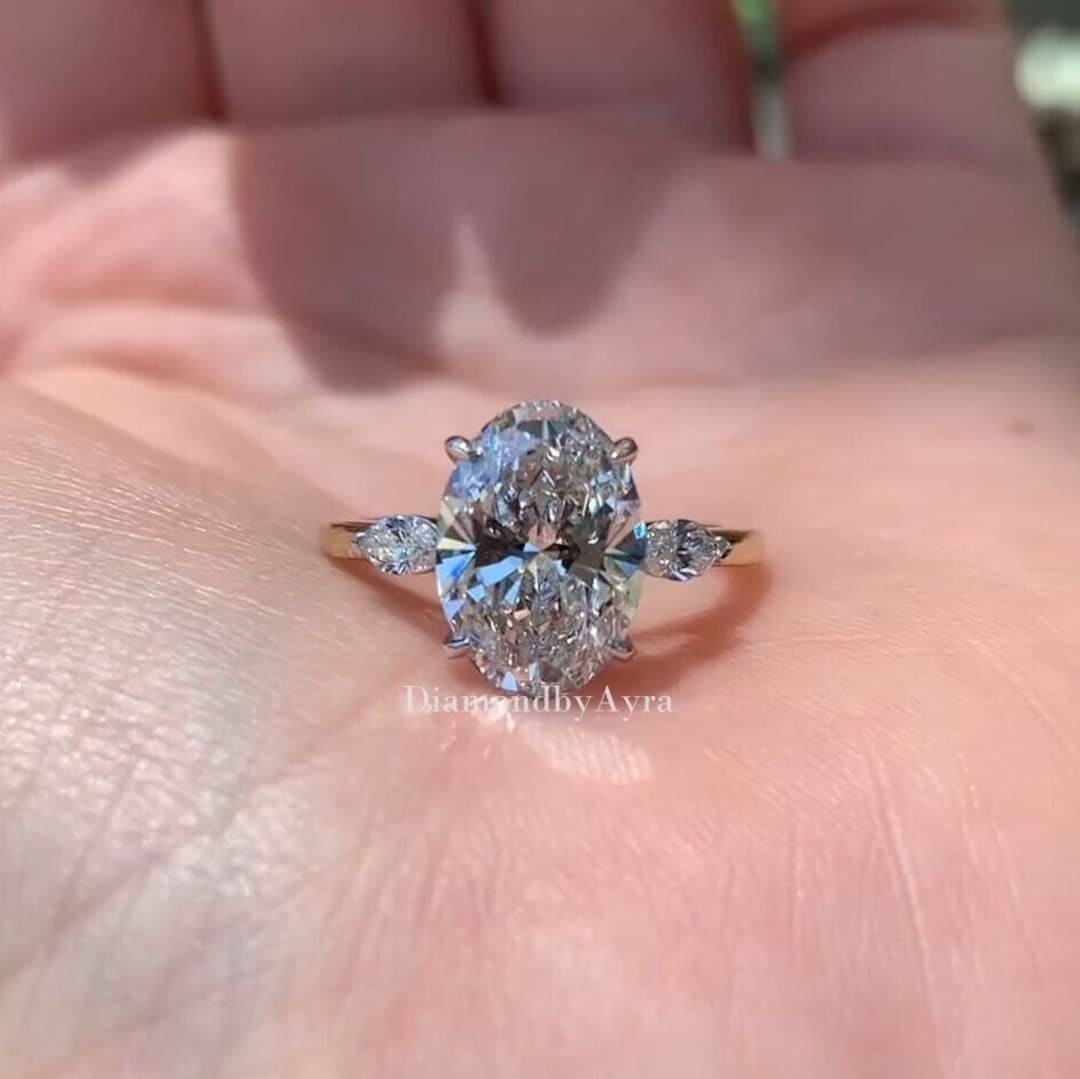 3 CT Oval Cut Moissanite Three Stone Engagement Ring Three Stones Wedding Ring Oval and Marquise ...