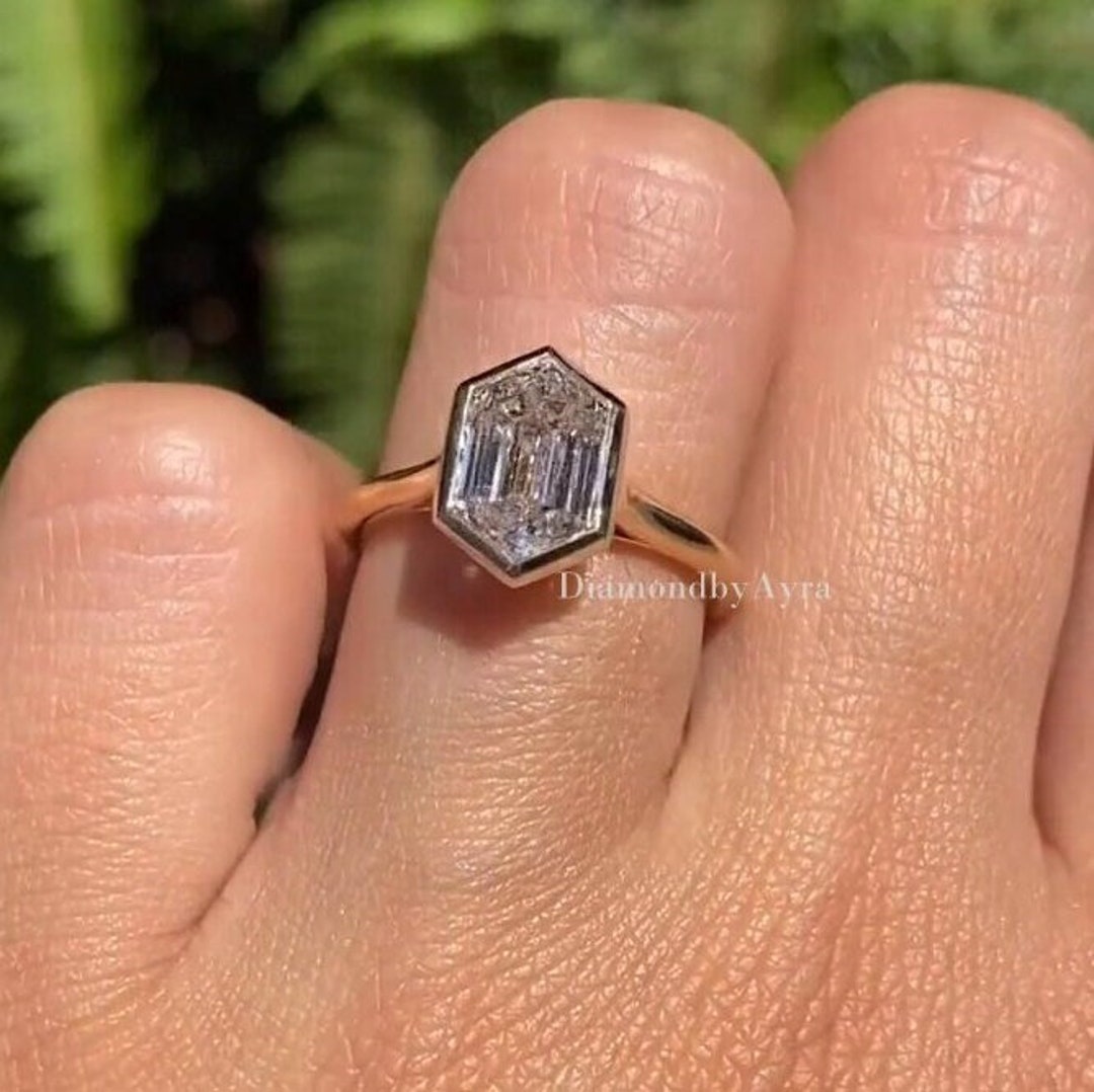 2 CT Elongated Hexagon Cut Bezel Set Moissanite Engagement Ring 14K ...