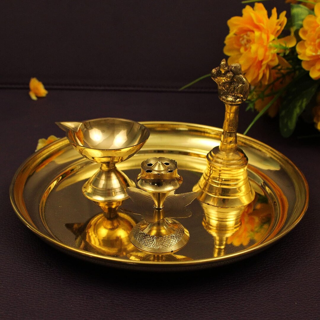 Brass Pooja Thali Set Arati Arathi Bartan Thambulam - Etsy