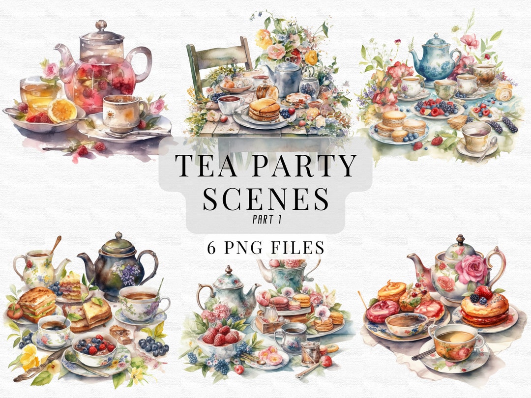 Watercolor Tea Party Scenes Clipart, Tea Time Art, Tea Cups ...