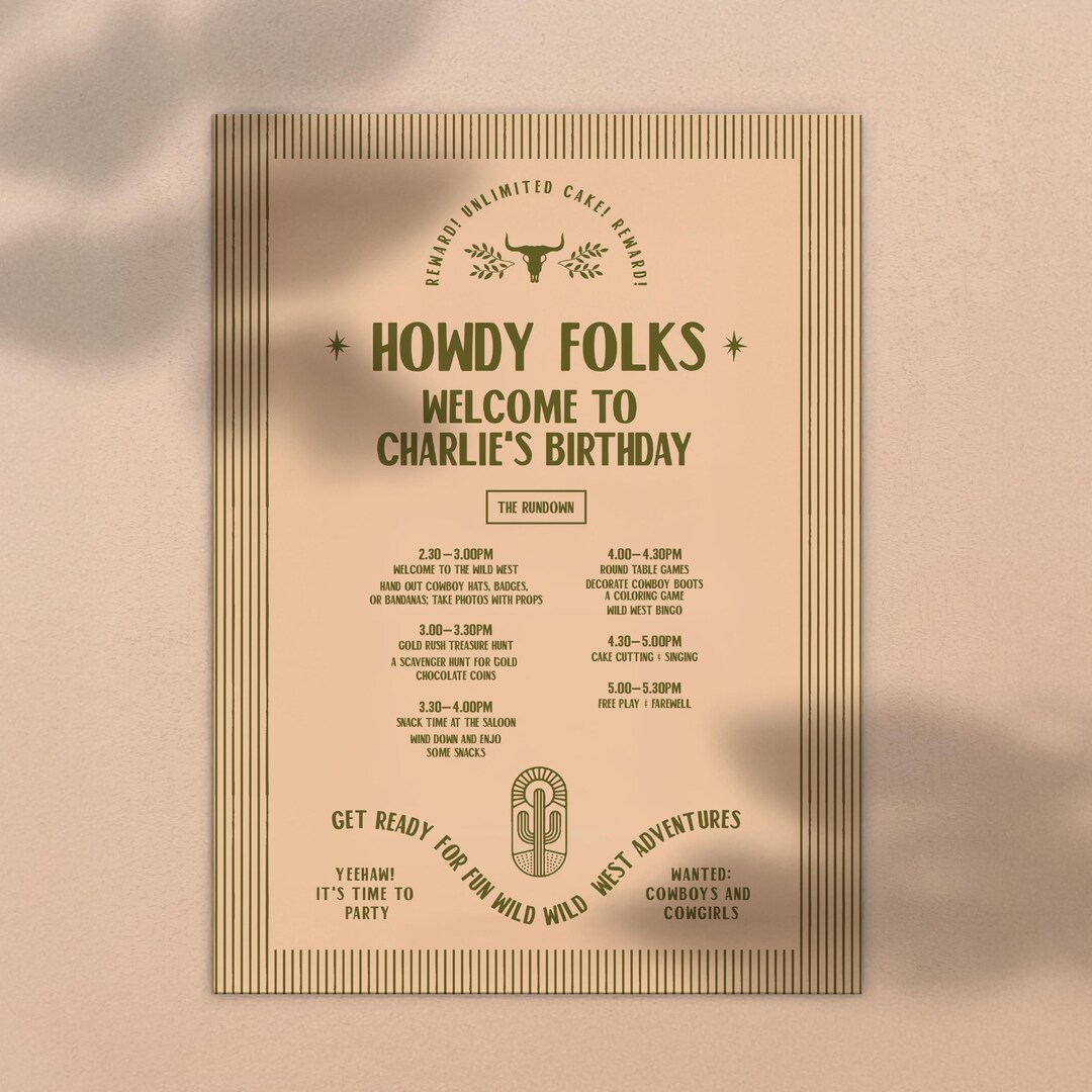 Editable Wild West Welcome Poster Birthday Party Banner Boy Girl ...
