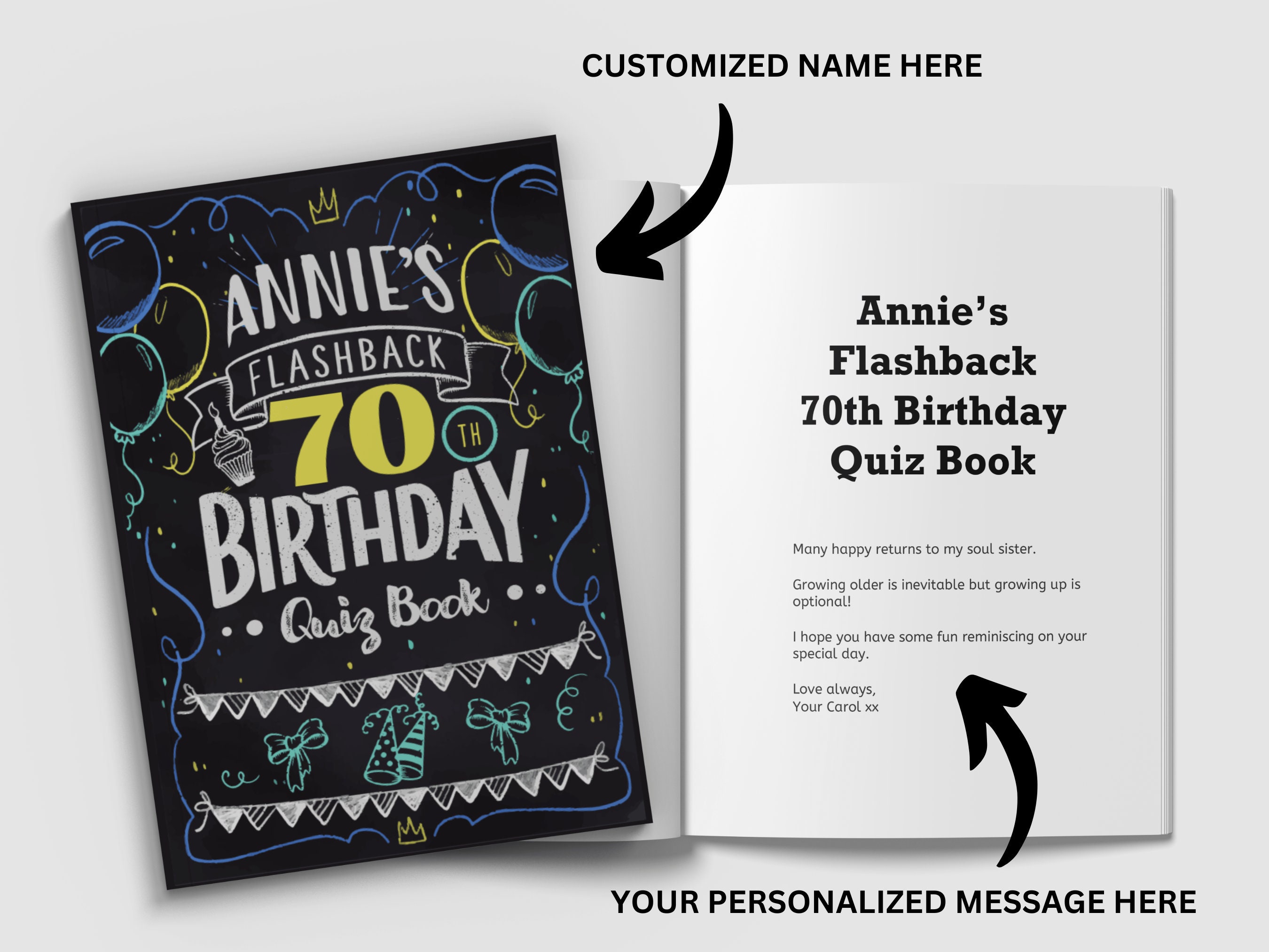 70th Birthday Quiz Book With Personalized Cover, Puzzle and Special Birthday Message, Customized ...