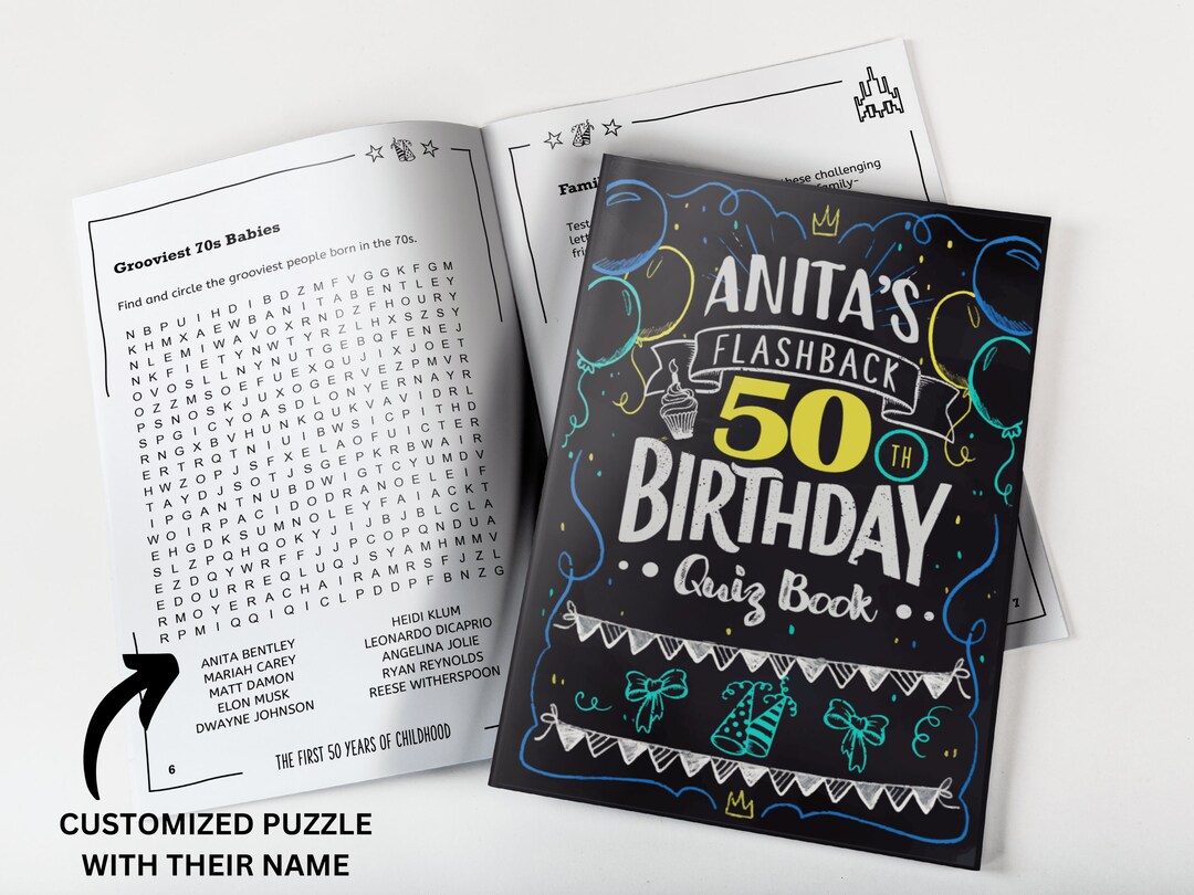 50th Birthday Quiz Book With Personalized Cover, Puzzle and Special Birthday Message, Customized ...