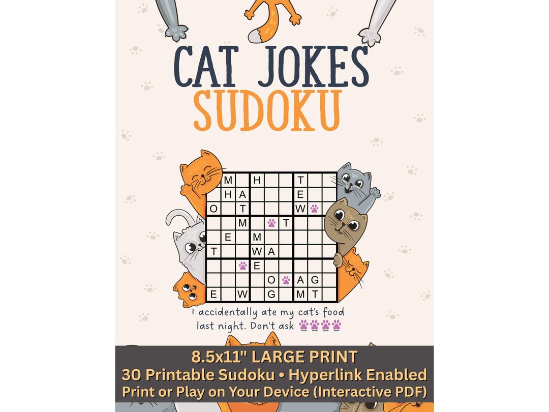 Cat Jokes Word Sudoku • 30 Printable Letter Puzzles • 8.5x11" Large ...