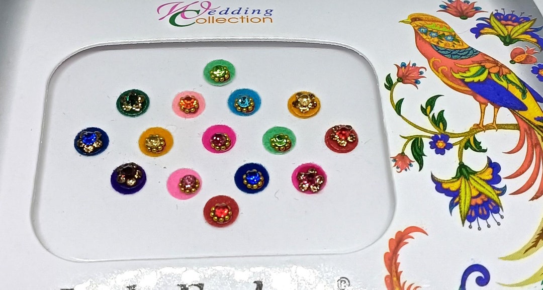 Multi Color Stone Bindi Bridal Round Velvet Bindis, Indian Multi Color ...