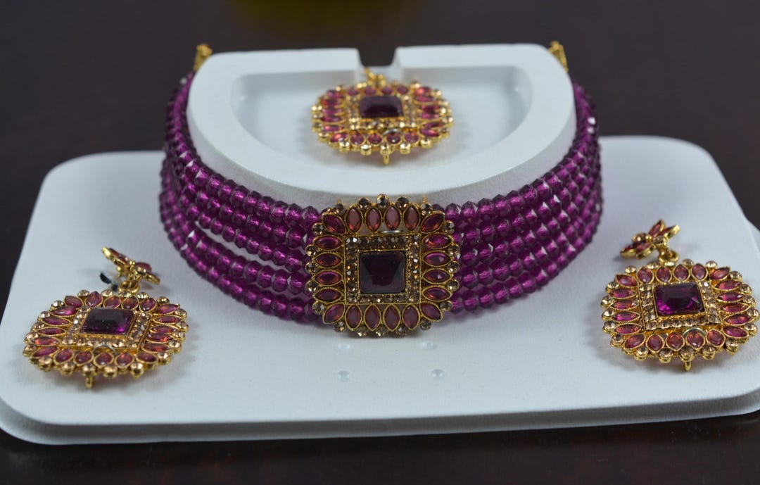 Traditional Ruby Choker Set With Earrings, Jadau Kundan Meena Choker Necklace With Head Piece ...
