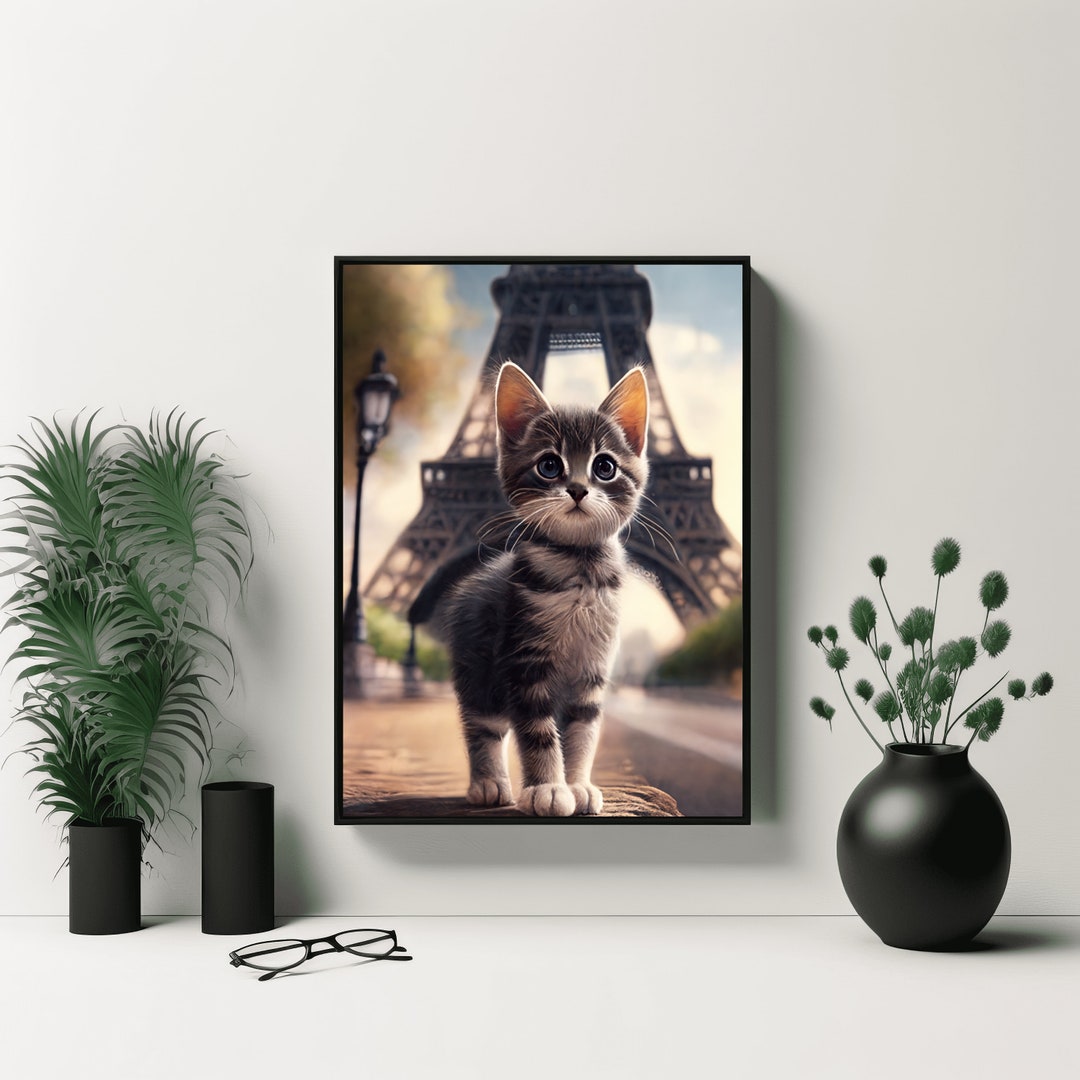 Cat in Paris - Cat at Eiffel Tower - Cartoon Wall Print - Wall Art ...