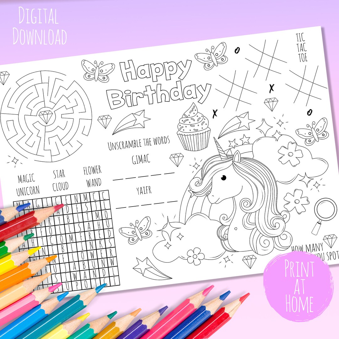 Unicorn Birthday Activity Page Coloring Sheet Party Place Mat - Etsy