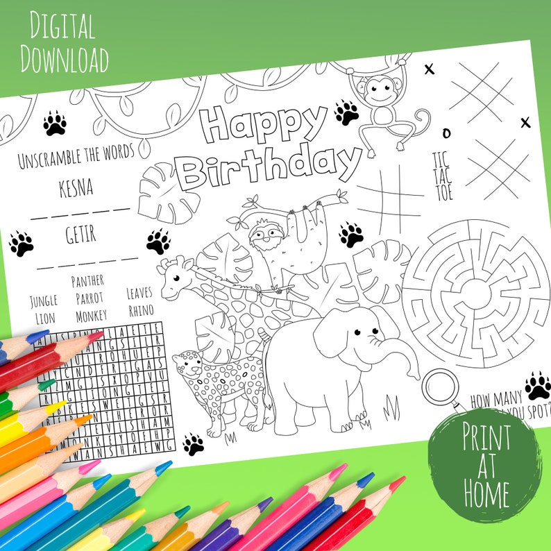 Jungle Activity Page Coloring Sheet Party Place Mat - Etsy