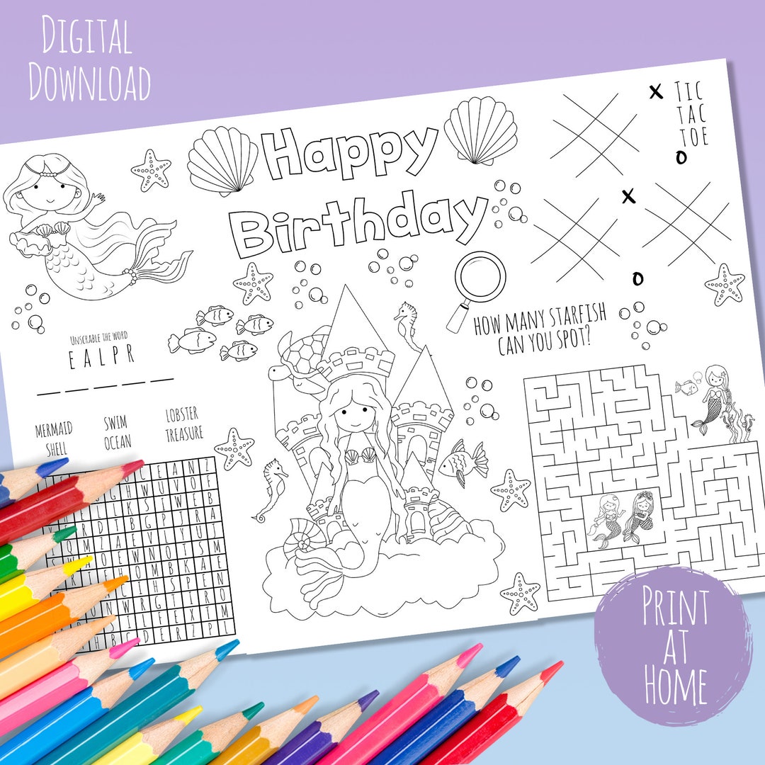 Mermaid Birthday Activity Page Coloring Sheet Party Placemat - Etsy