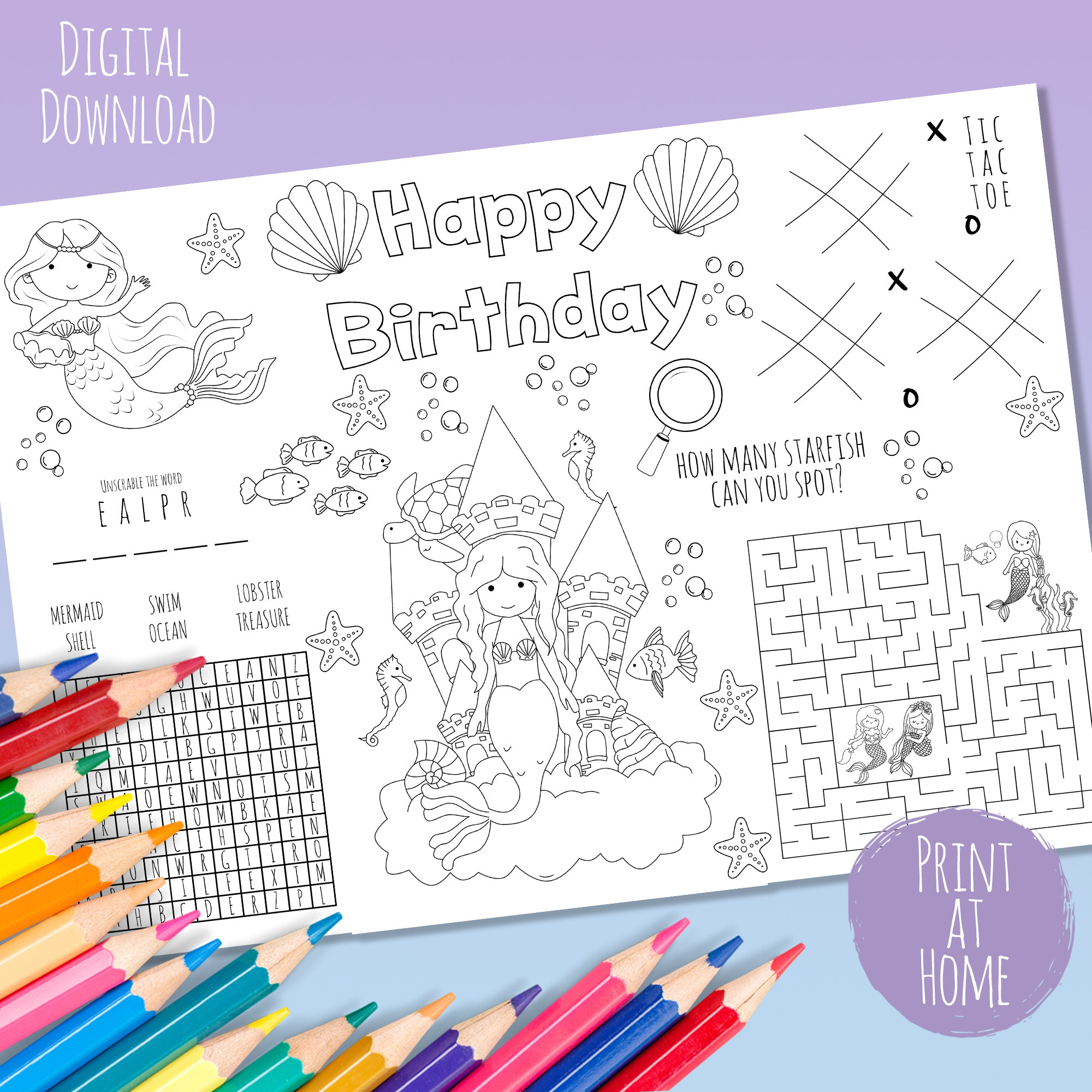 Mermaid Birthday Activity Page Coloring Sheet Party Placemat - Etsy