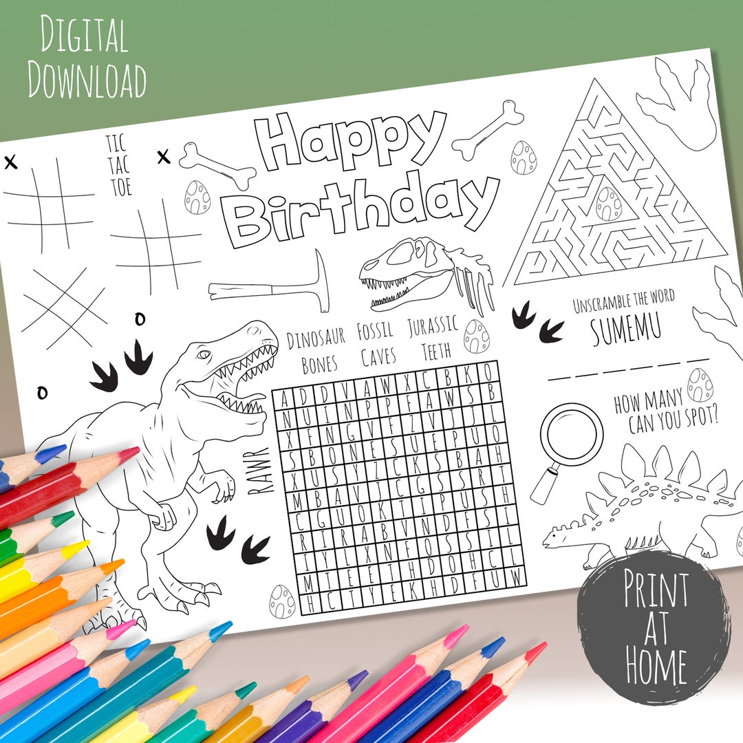 Dinosaur Birthday Activity Page Coloring Sheet Party Placemat - Etsy