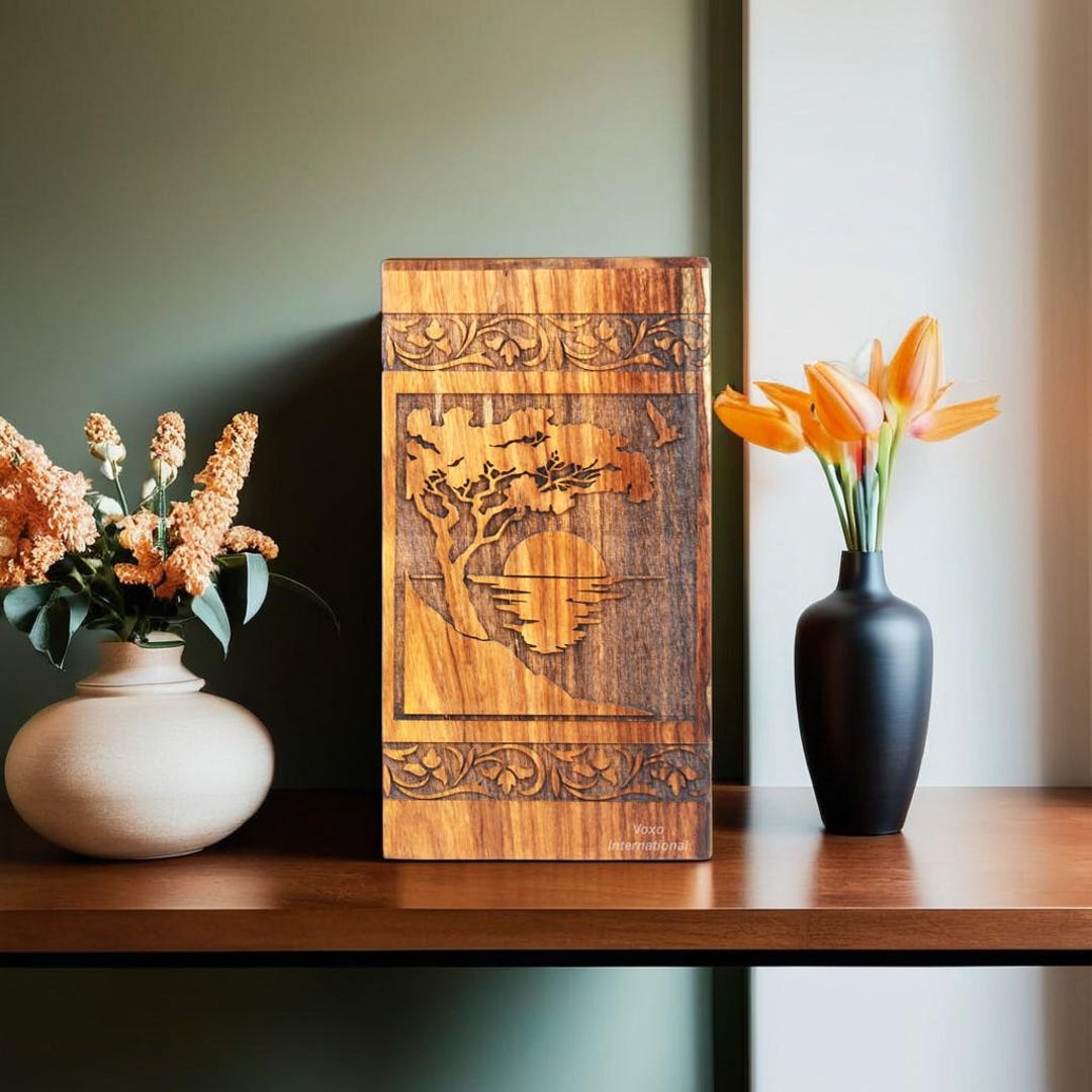 Wooden Urns - Rosewood Nature Inspired Urn – Engraved Wooden Cremation ...