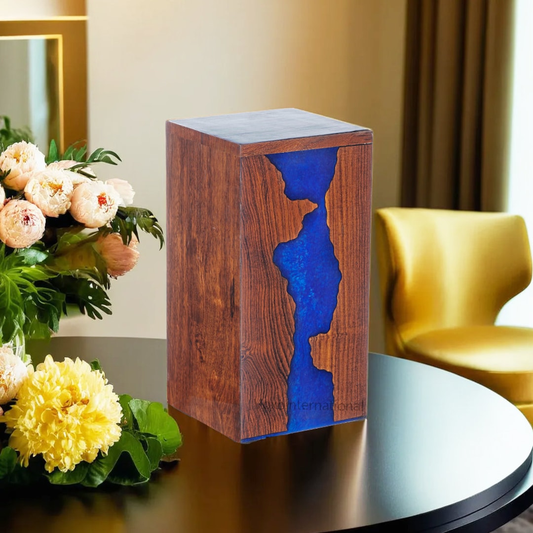 Handcrafted Rosewood and Blue Epoxy Resin Urn Box - Unique Memorial ...