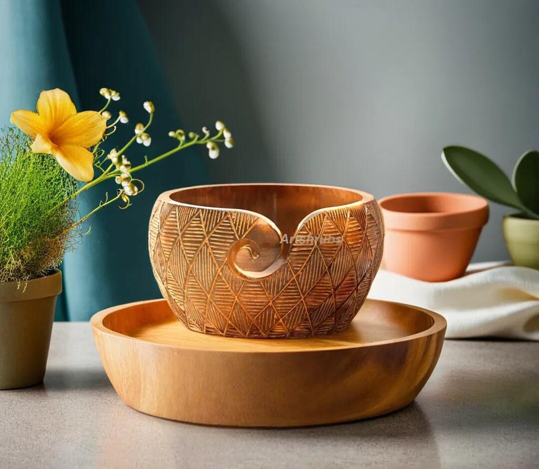 Wooden Yarn Bowl – Elegant Hand-turned Yarn Container for Knitting ...