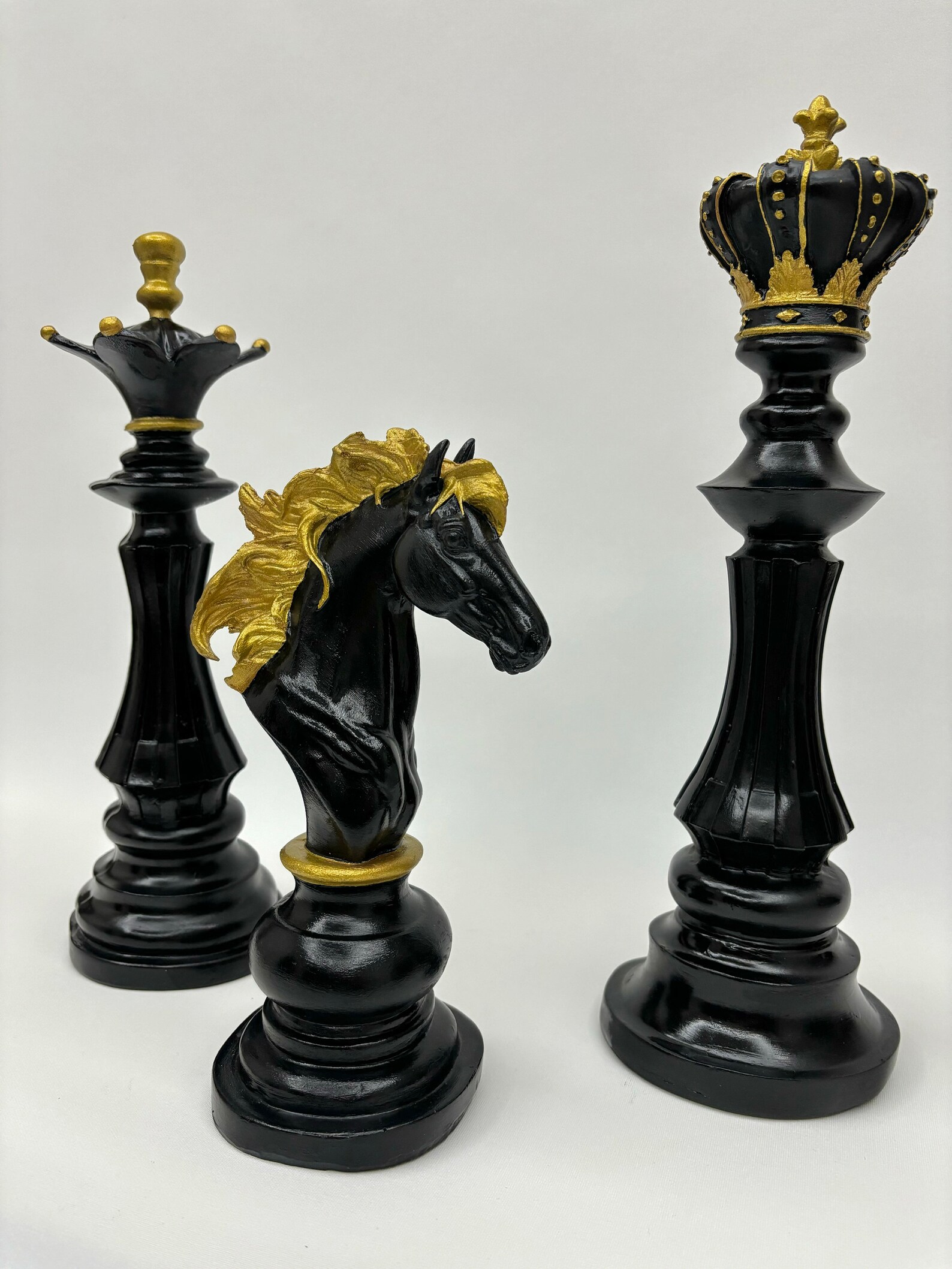 Large Triple Chess Set, Black Gold Chess Set, King Queen Statue, Modern ...