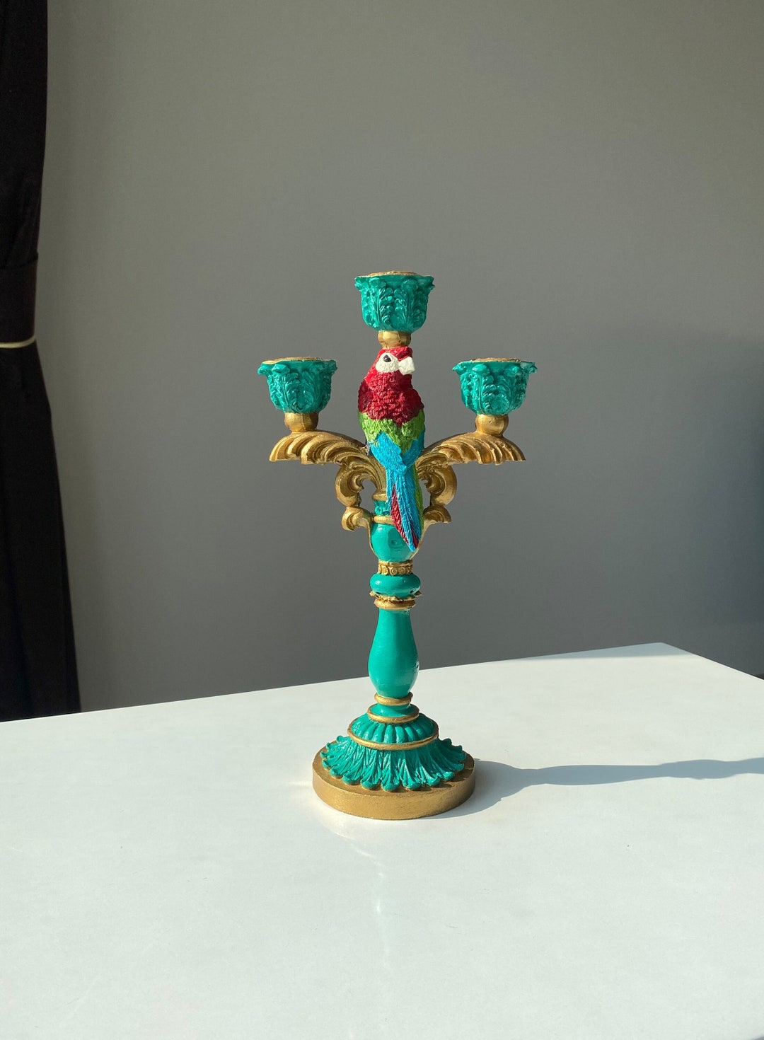 Parrot Candlestick,bird Candlestick,green Gold Colored Parrot ...