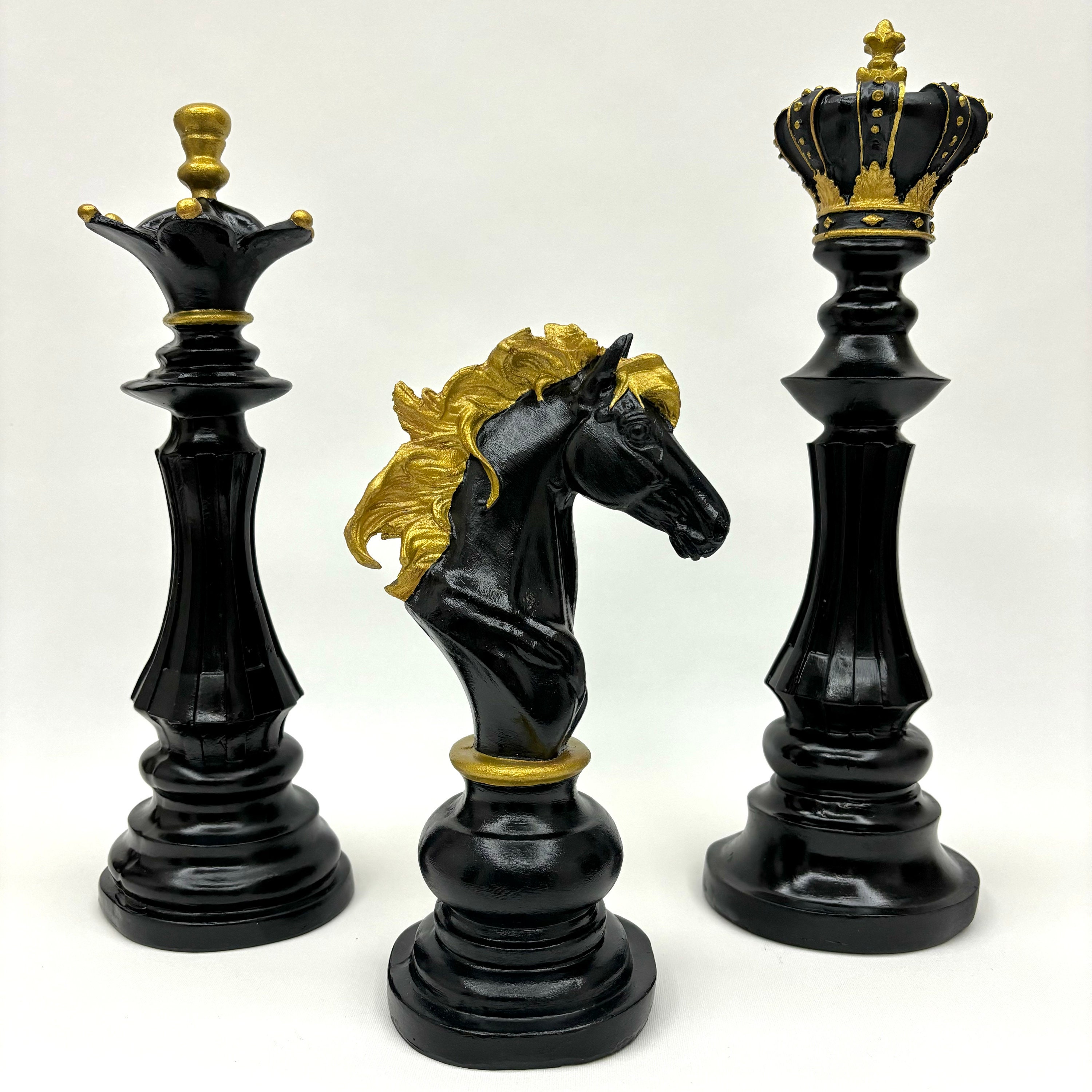 Large Triple Chess Set, Black Gold Chess Set, King Queen Statue, Modern ...