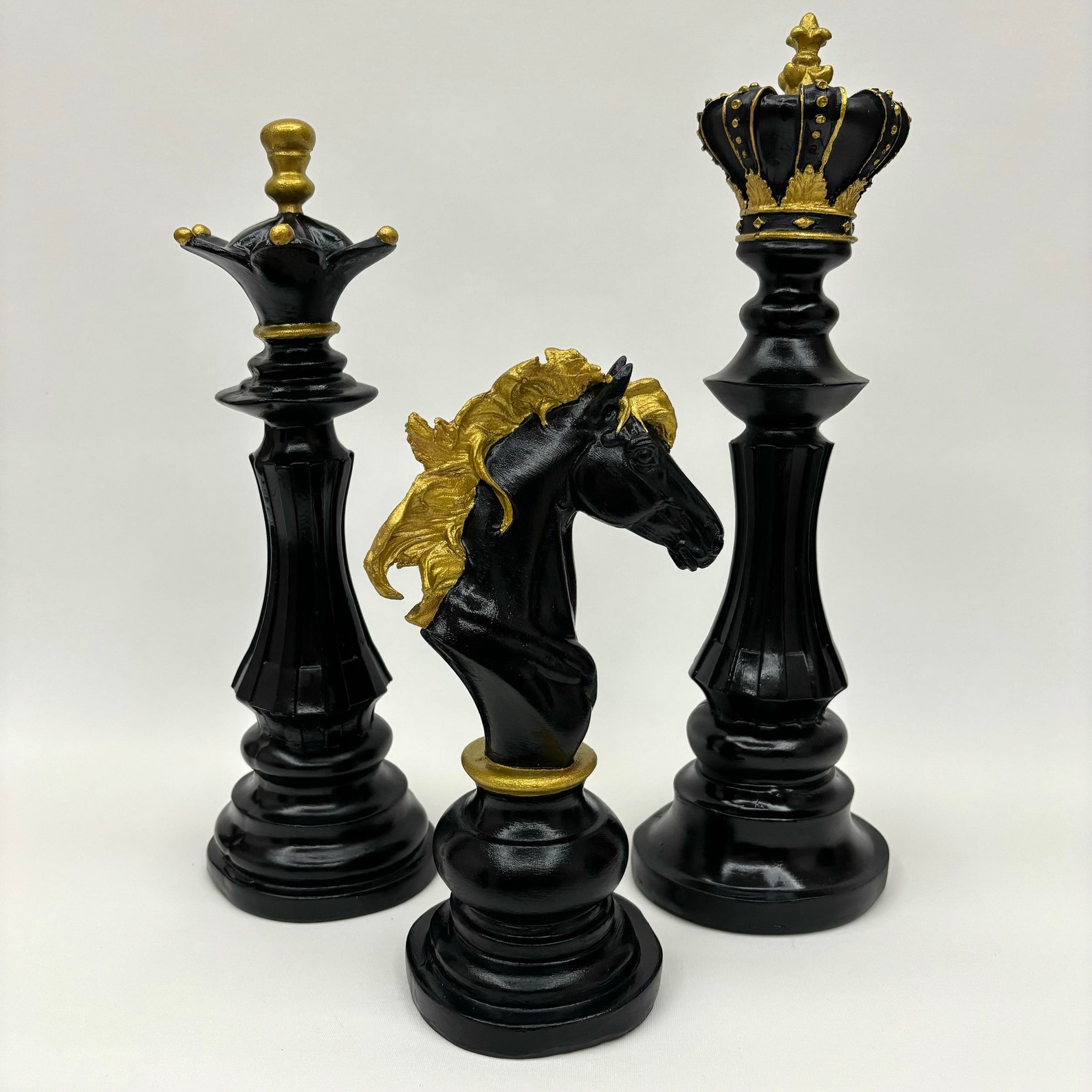 Large Triple Chess Set, Black Gold Chess Set, King Queen Statue, Modern ...
