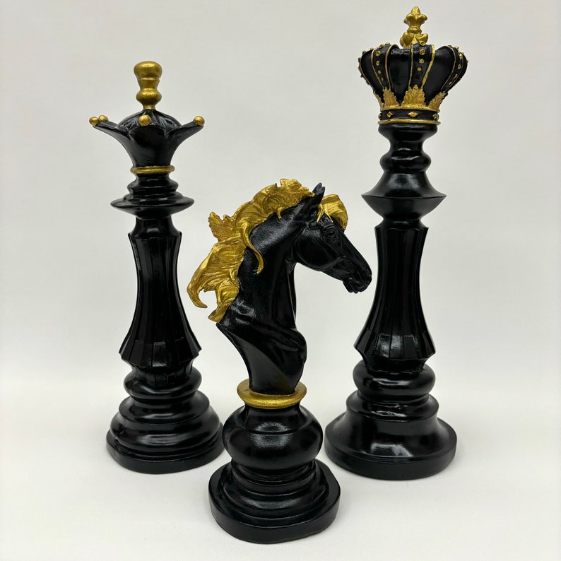 Large Triple Chess Set, Black Gold Chess Set, King Queen Statue, Modern ...
