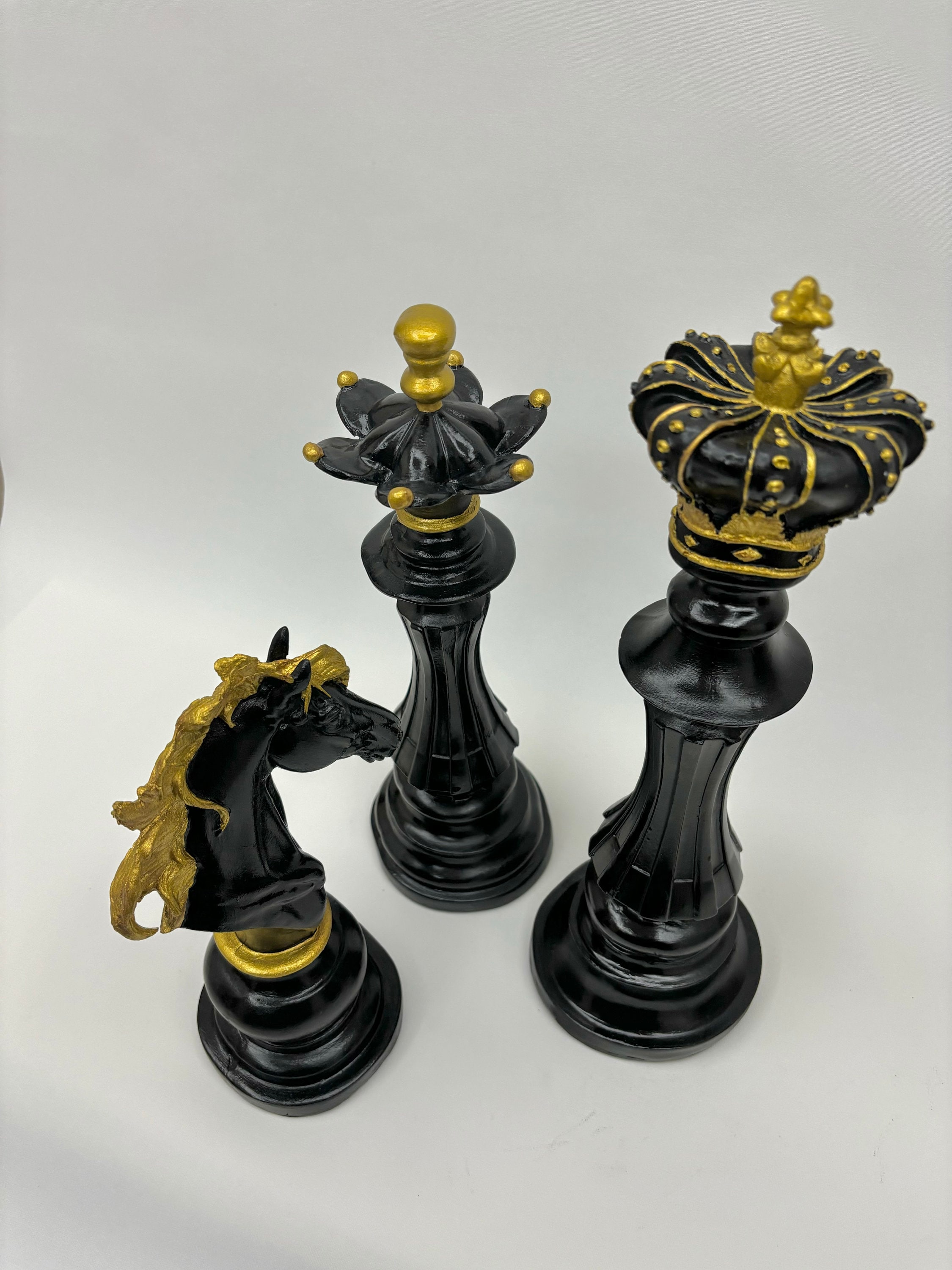 Large Triple Chess Set, Black Gold Chess Set, King Queen Statue, Modern ...