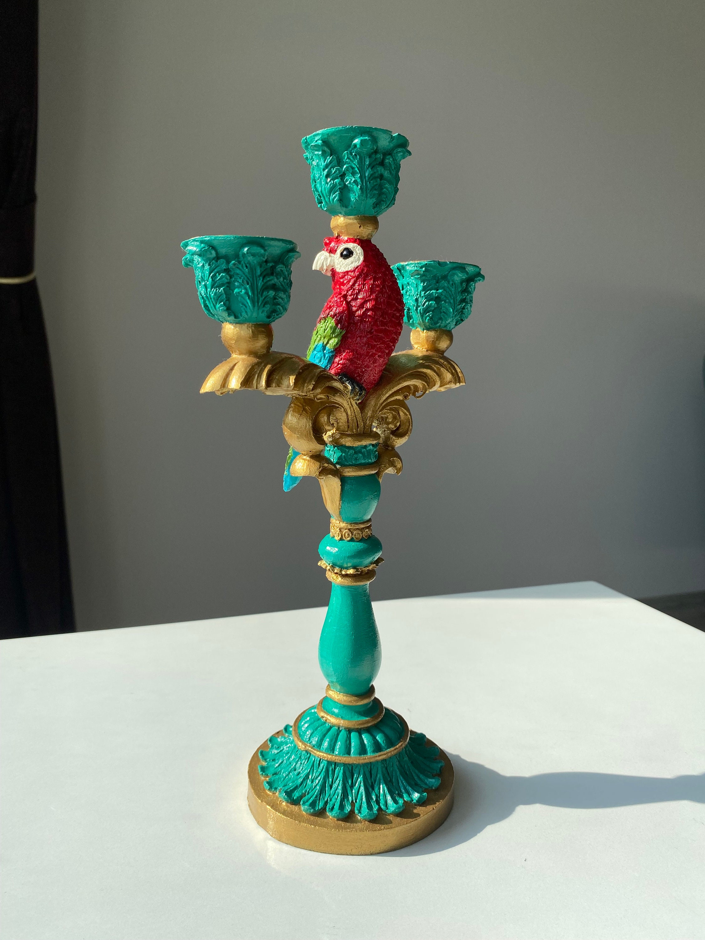 Parrot Candlestick,bird Candlestick,green Gold Colored Parrot ...