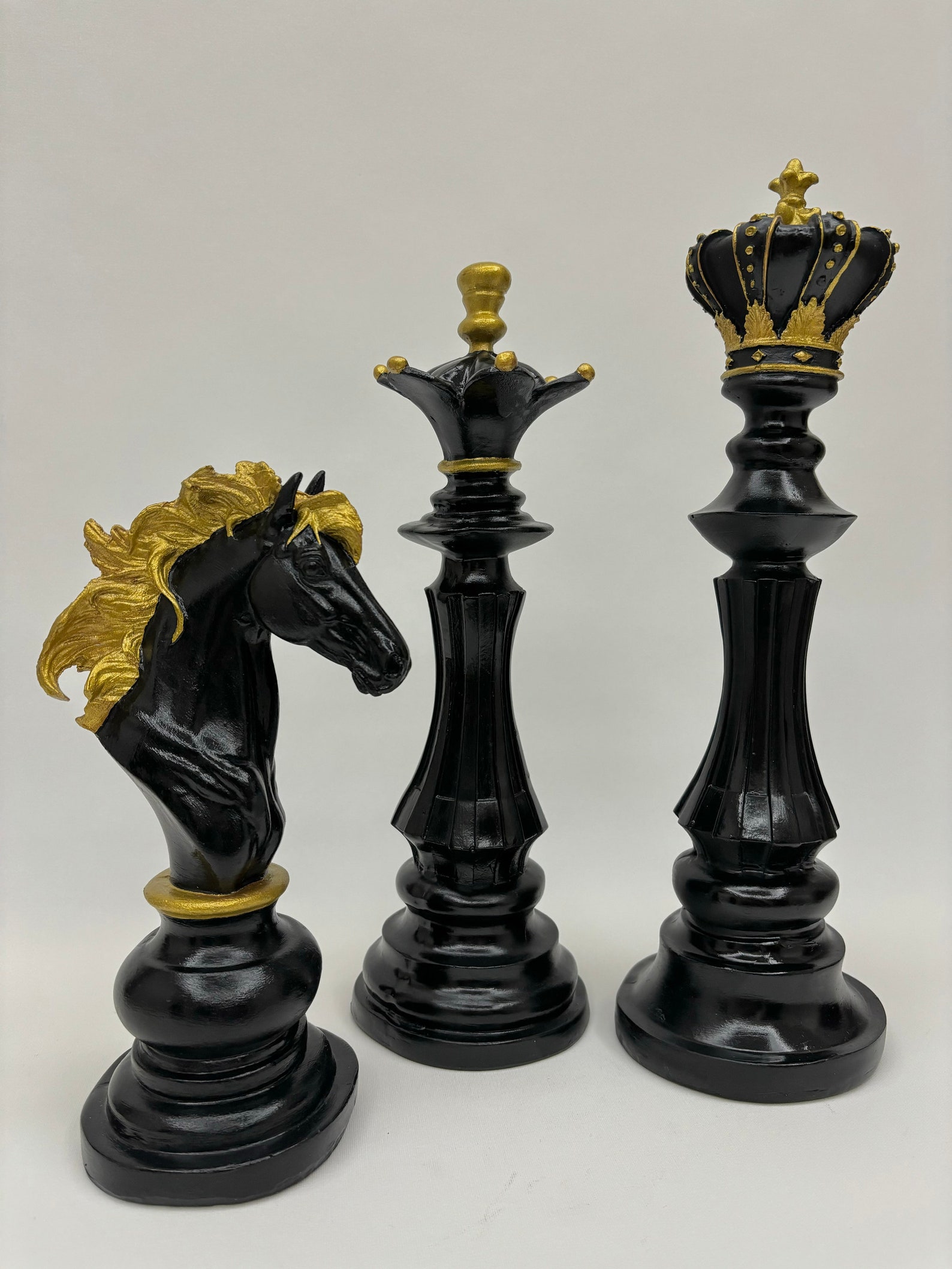 Large Triple Chess Set, Black Gold Chess Set, King Queen Statue, Modern ...
