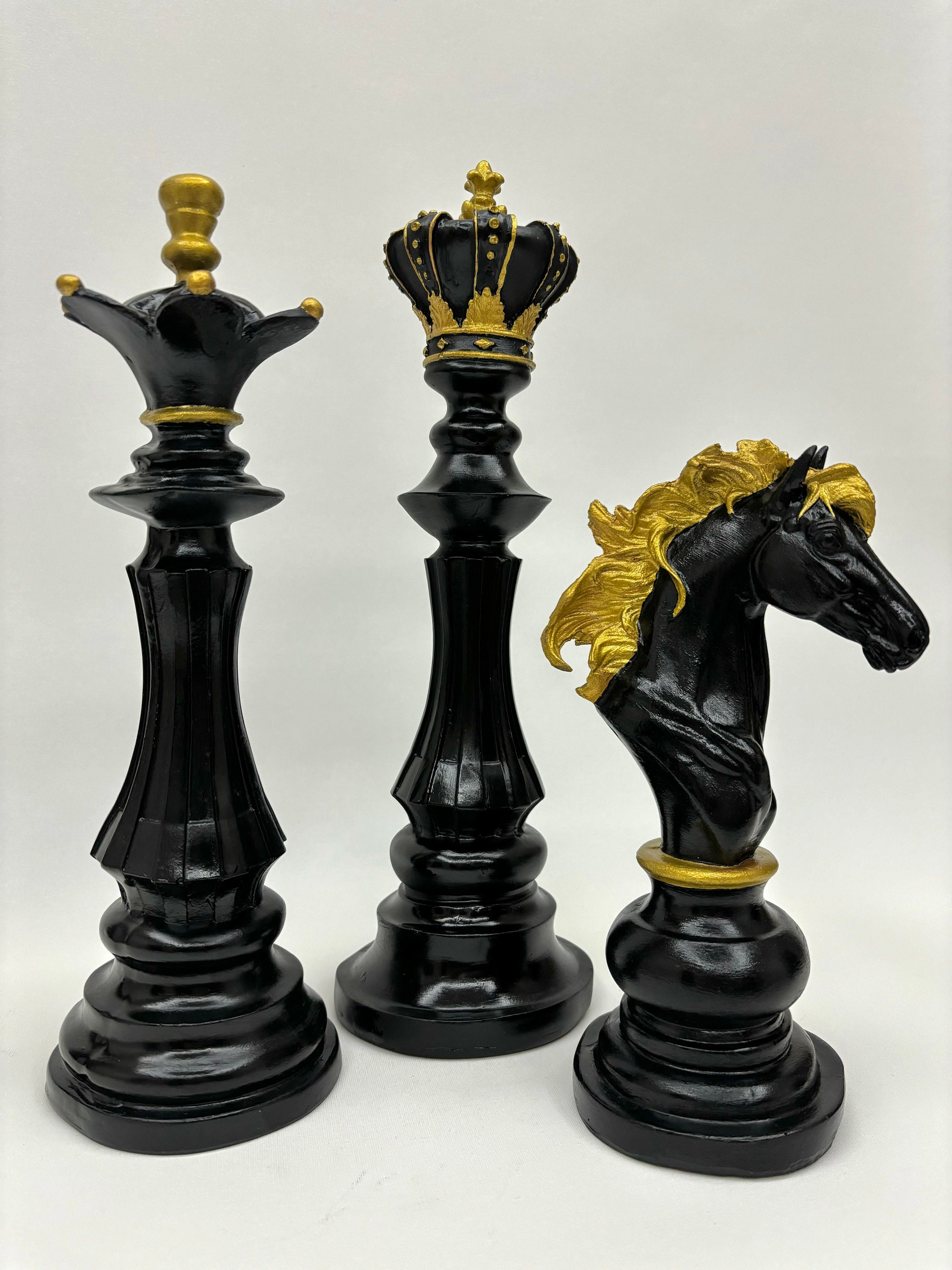 Large Triple Chess Set, Black Gold Chess Set, King Queen Statue, Modern ...