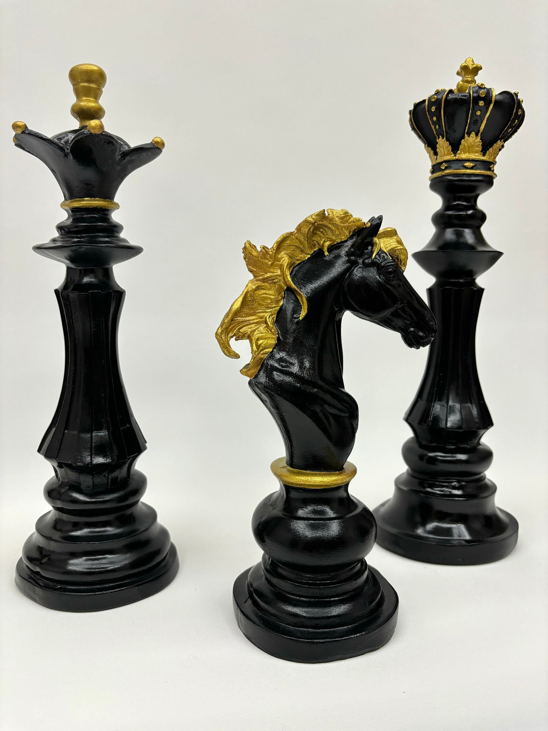 Large Triple Chess Set, Black Gold Chess Set, King Queen Statue, Modern ...
