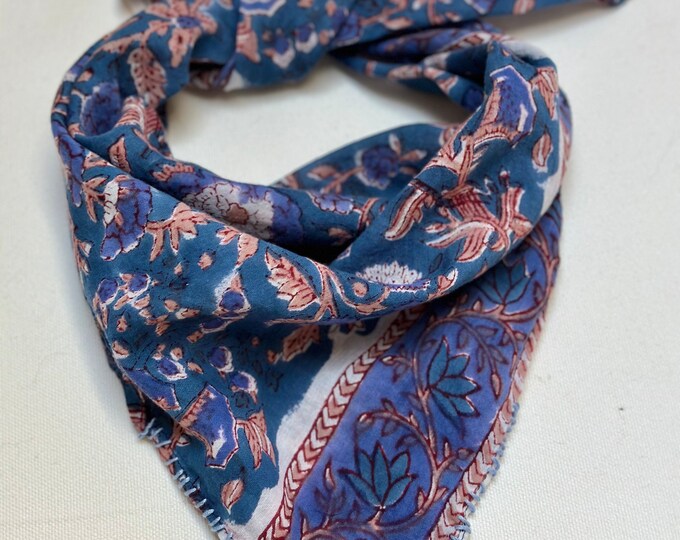Embroidered Block Print Bandana: Pink and White Floral on Blue Block ...