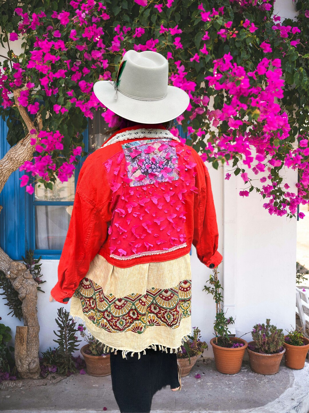 Red Denim Boho Hand Embellished Jacket - Etsy
