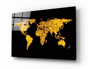 Stunning 3D Glass World Map Wall Art Golden Continents on Deep Blue ...