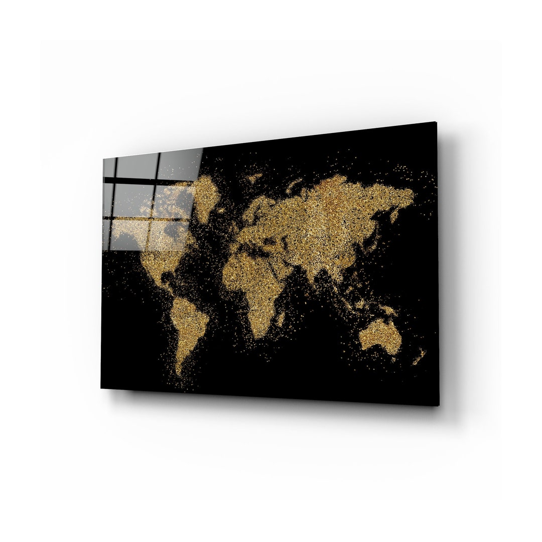 Golden World Map Glass Wall Art - Etsy
