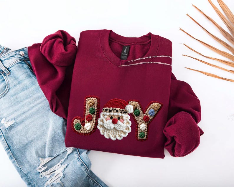 Joy Santa Sweatshirt, Faux Yarn Christmas Sweater, Cozy Holiday ...