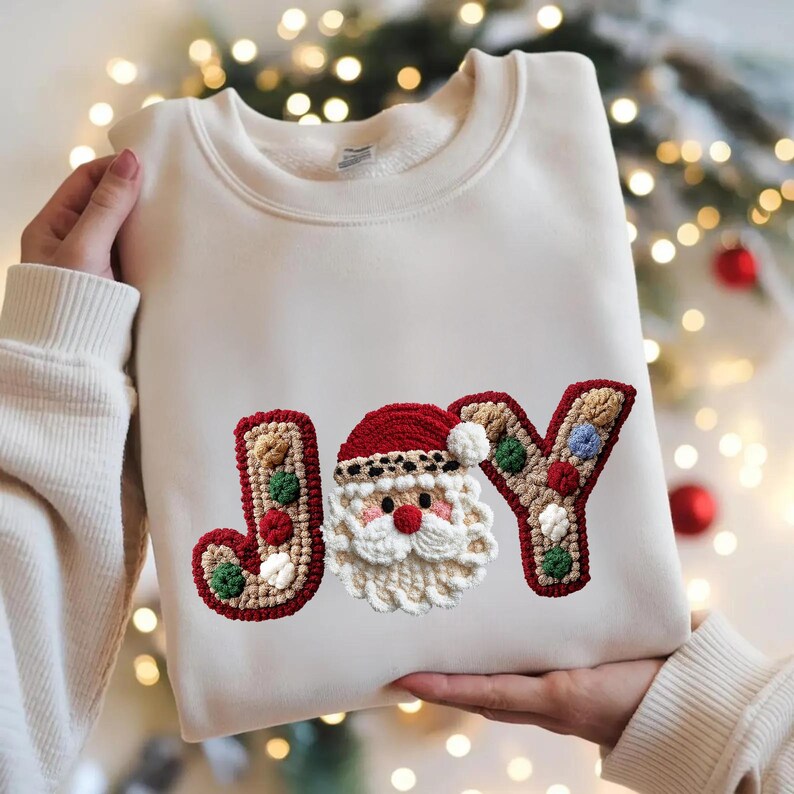 Joy Santa Sweatshirt, Faux Yarn Christmas Sweater, Cozy Holiday ...