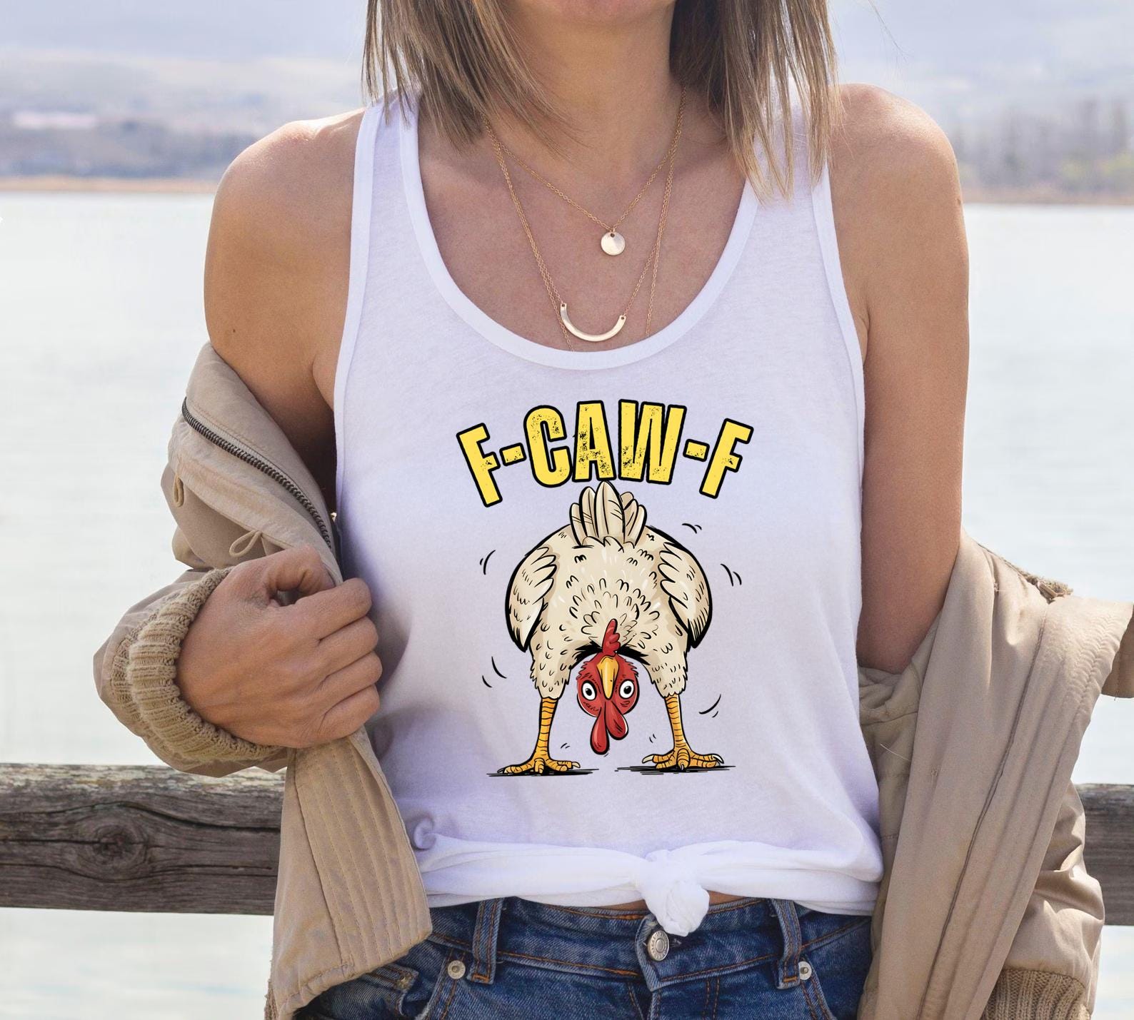 Funny F-CAW-F Chicken Shirt, Silly Hen Meme Tee, Humor Graphic V-neck ...