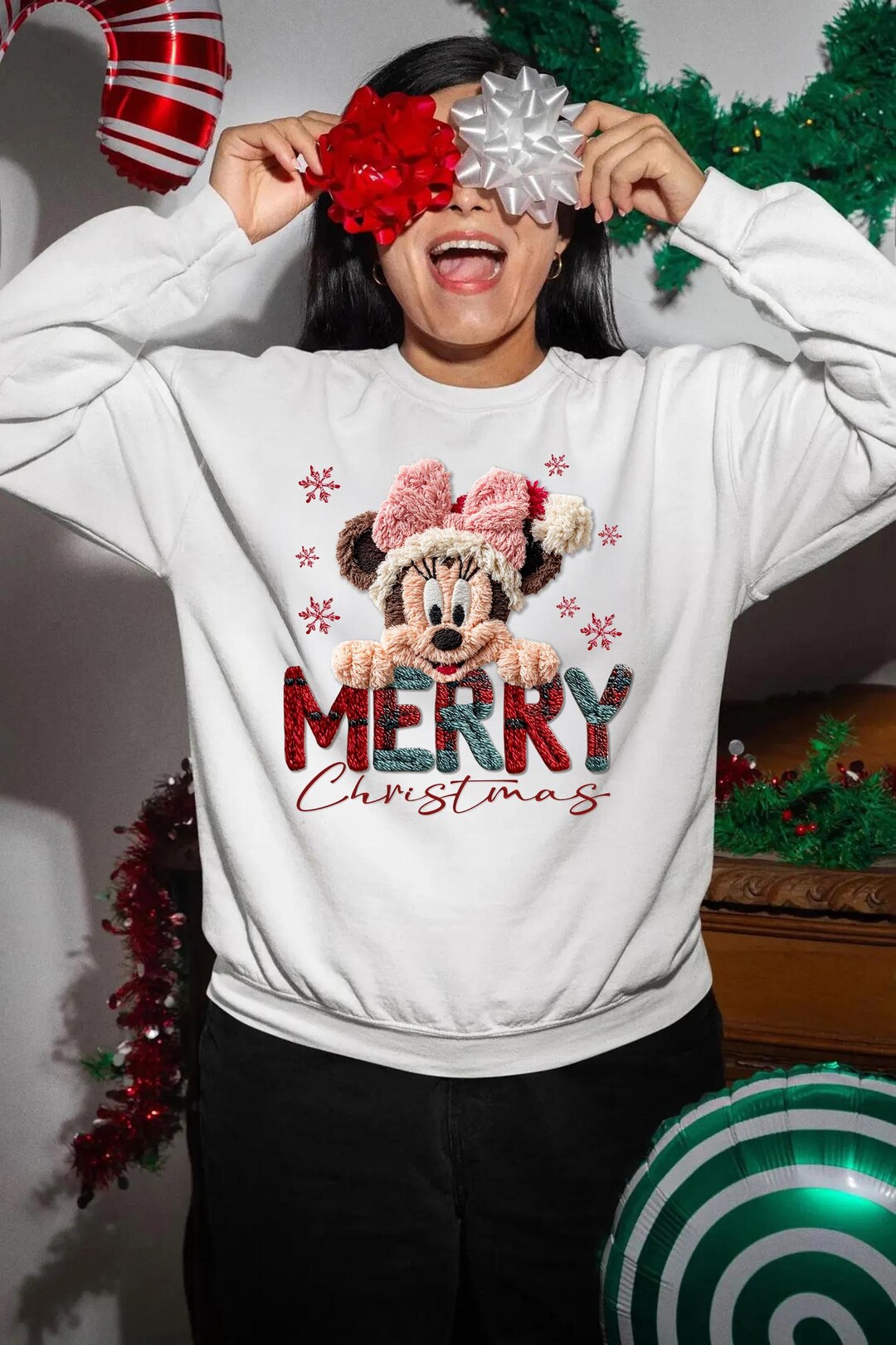 Merry Christmas Minnie Faux Yarn Hoodie, Disney Style Cozy Holiday ...