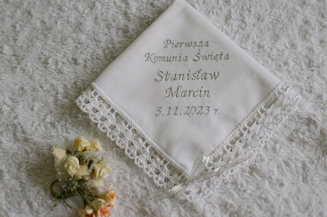 Communion Keepsake Handkerchief With Silver Ribbon and Embroidery ...