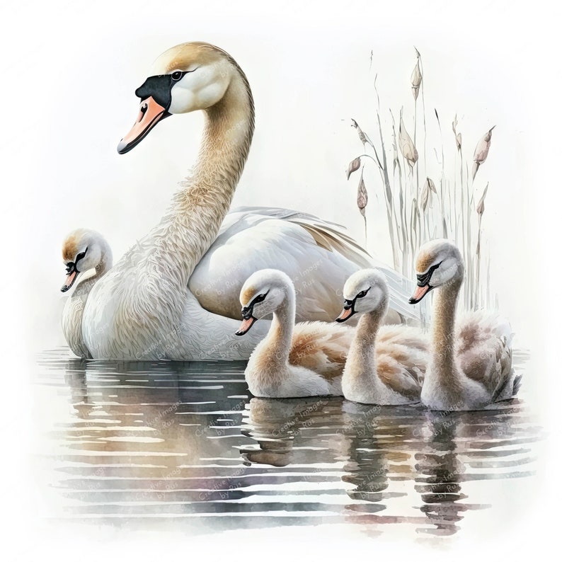 Swan and Cygnets Clipart Watercolour Image Instant Digital - Etsy