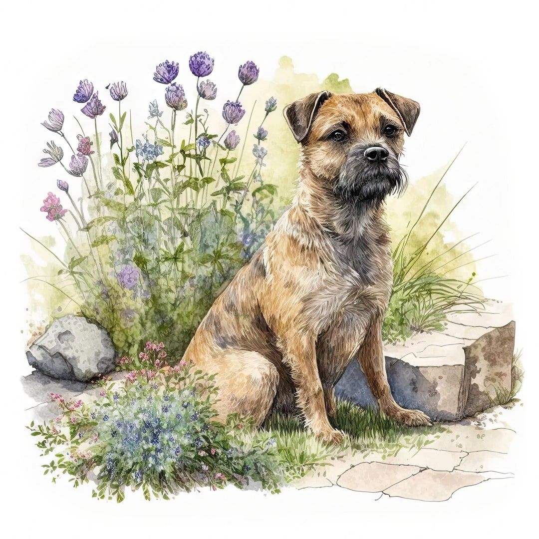 Border Terrier Dog Clipart, Watercolour Garden Image, Instant Digital ...