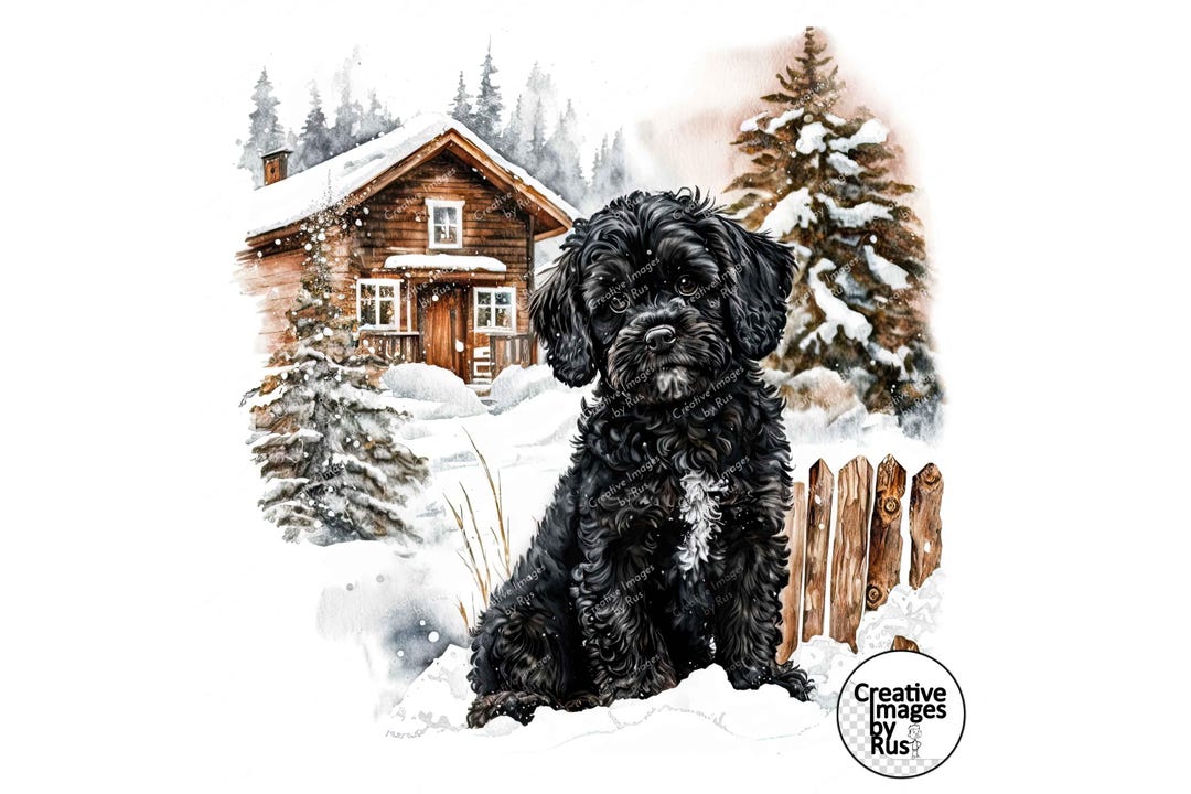 Cavapoo Black Dog Clipart, Watercolour Winter Image, Instant Digital ...