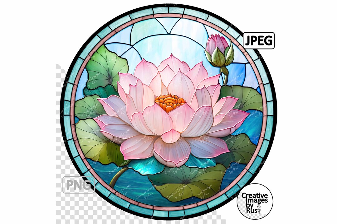 Lotus Flower Stained Glass Window Clipart, Round Image, Instant Digital ...