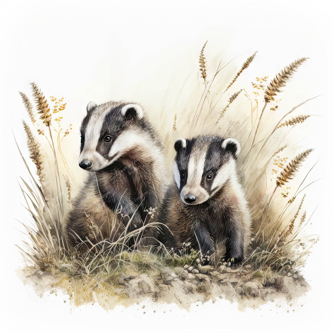 Badger Cubs in Grass Clipart, Watercolour Image, Instant Digital ...