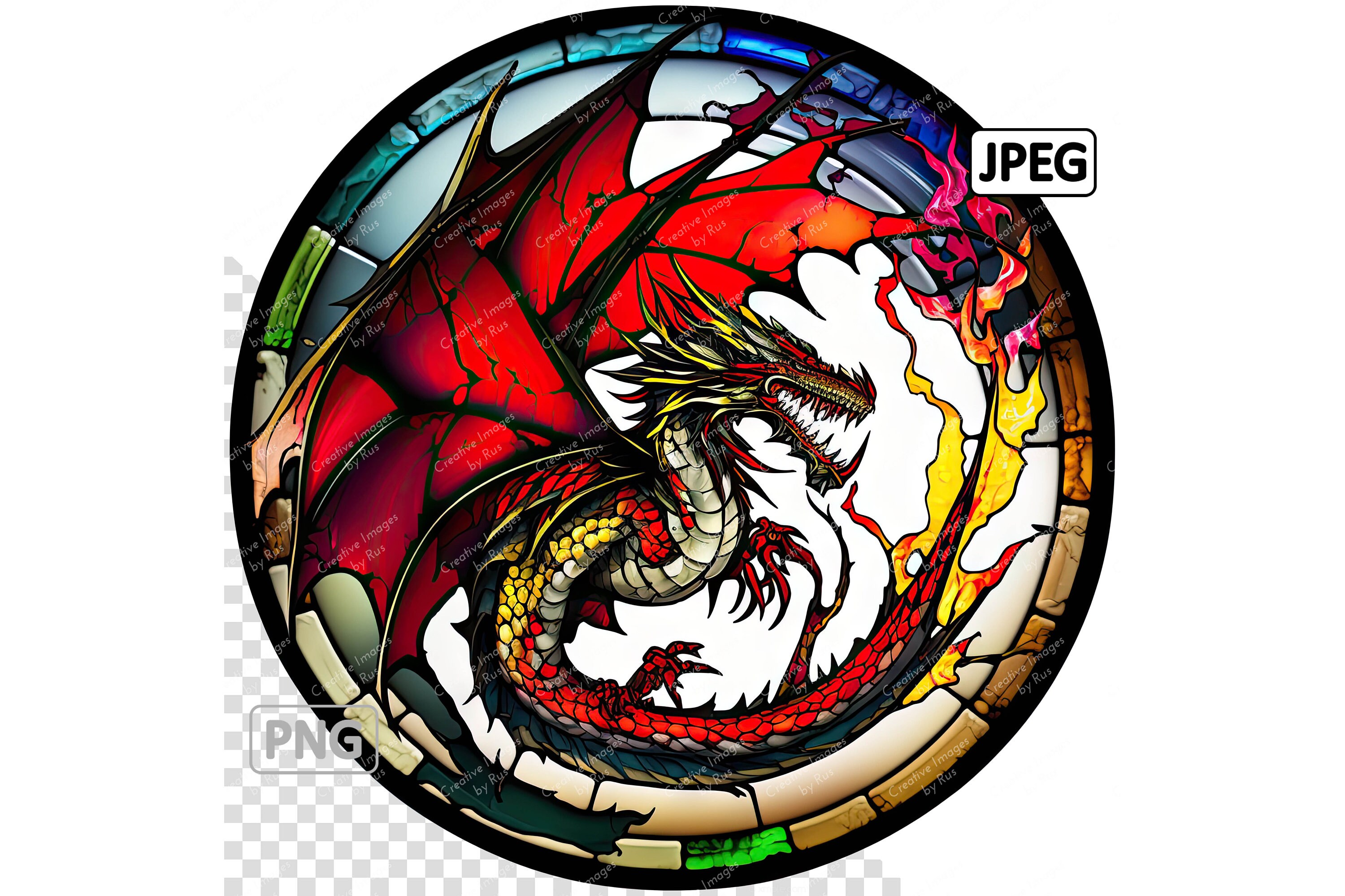 Mythical Dragon Stained Glass Clipart Round Image Instant - Etsy