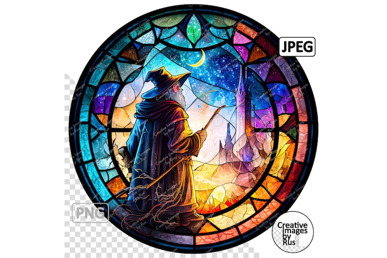 Mythical Wizard Stained Glass Clipart Round Image Instant - Etsy