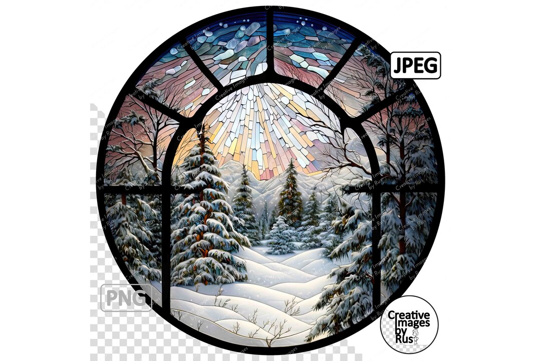 Winter Scene Stained Glass Clipart, Round Image, Instant Digital ...
