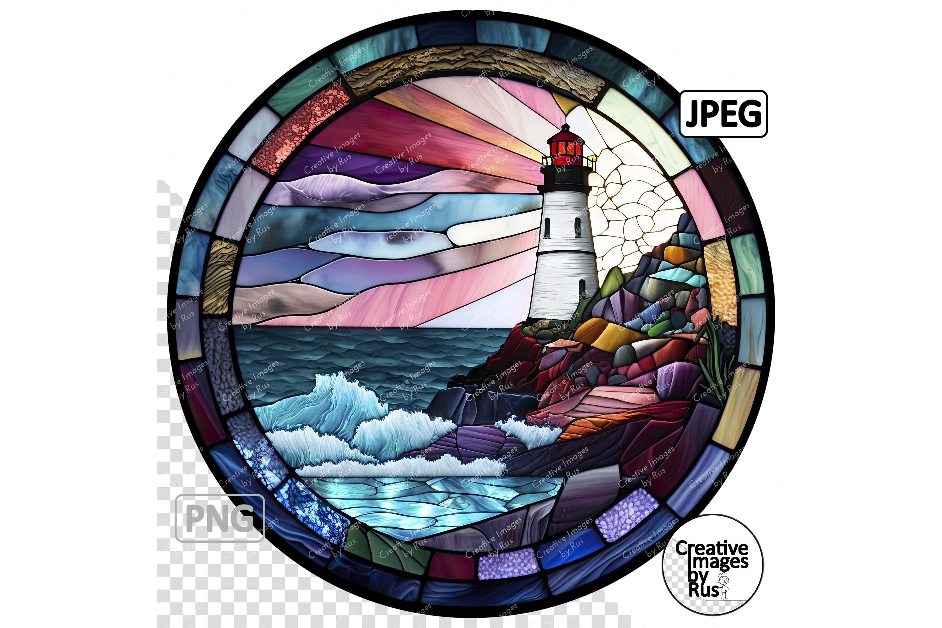 Lighthouse Stained Glass Clipart Round Image Instant Digital - Etsy