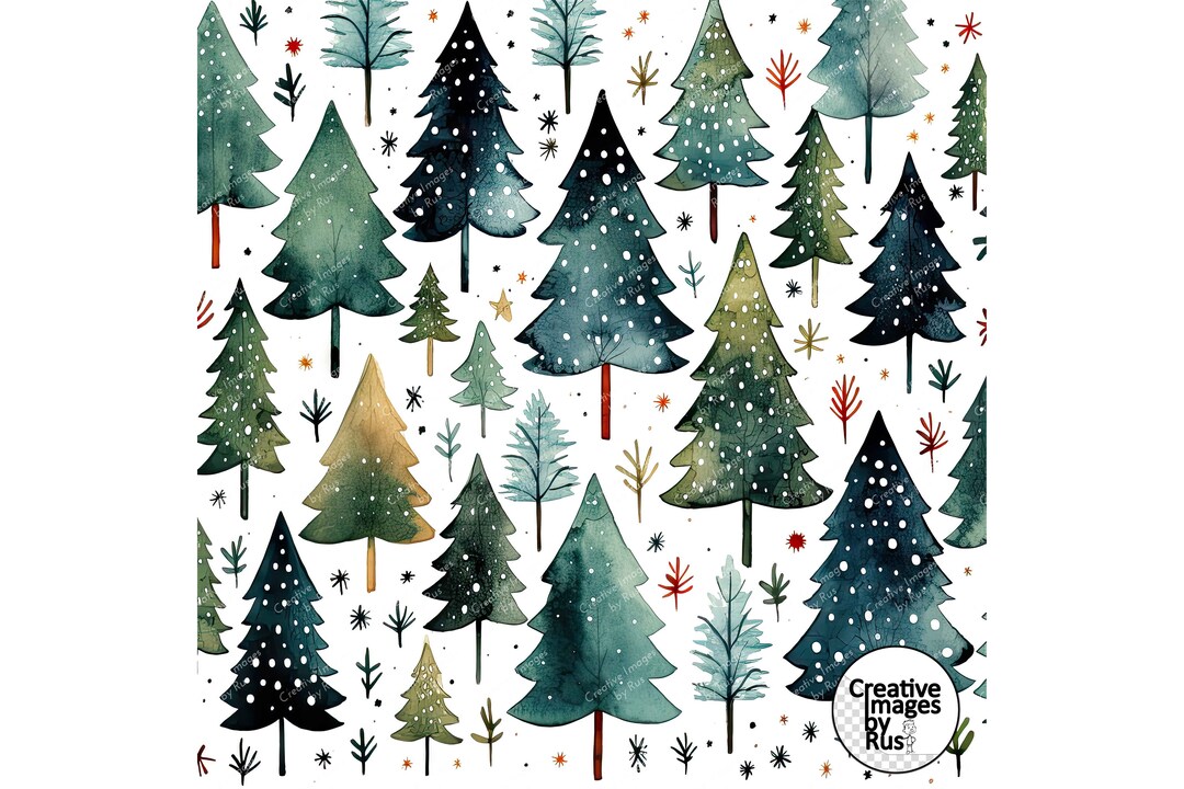 Christmas Tree Pattern Clipart, Watercolour Image, Instant Digital ...