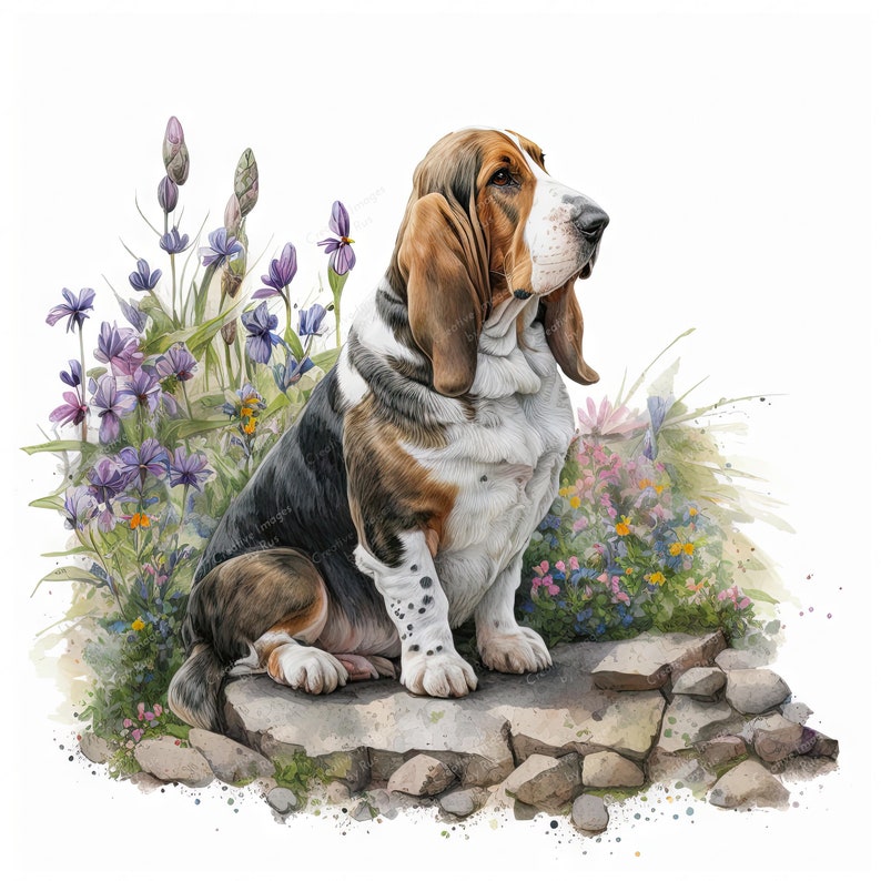 Basset Hound Dog Clipart Watercolour Garden Image Instant - Etsy