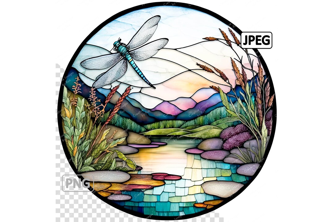 Dragonfly Stained Glass Clipart, Round Image, Instant Digital Download ...